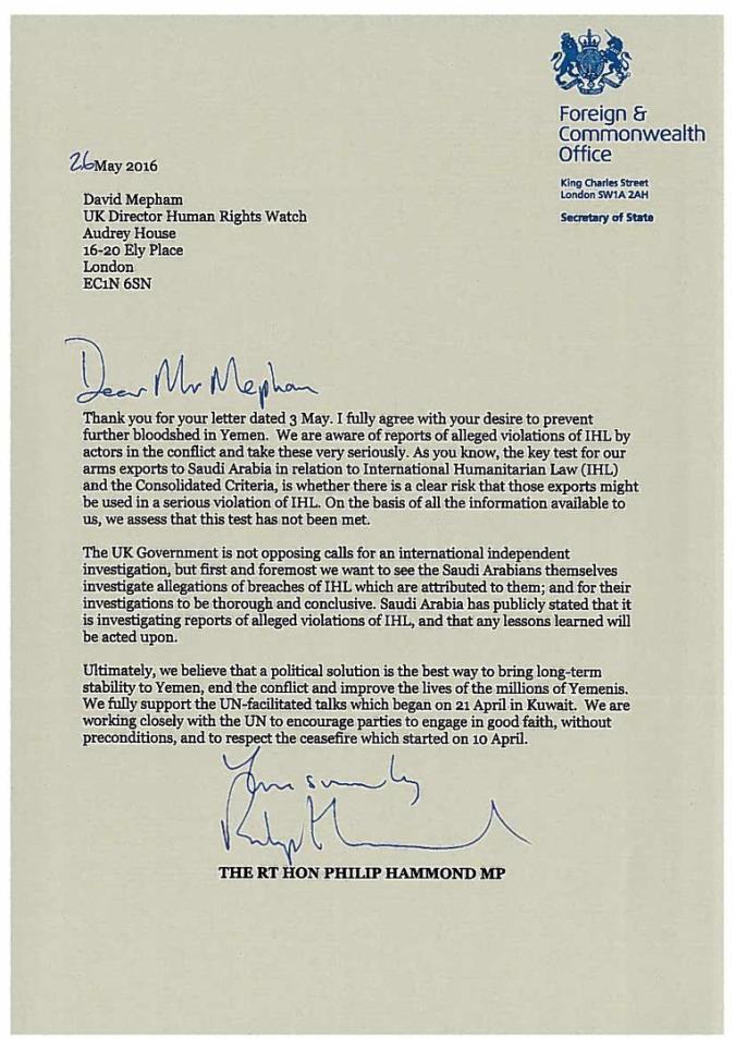 Reply From British Foreign Secretary, Philip Hammond | Human Rights Watch